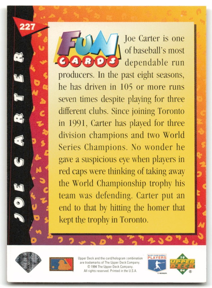 1994 Upper Deck Fun Pack #227 Joe Carter FUN Toronto Blue Jays 2H | eBay