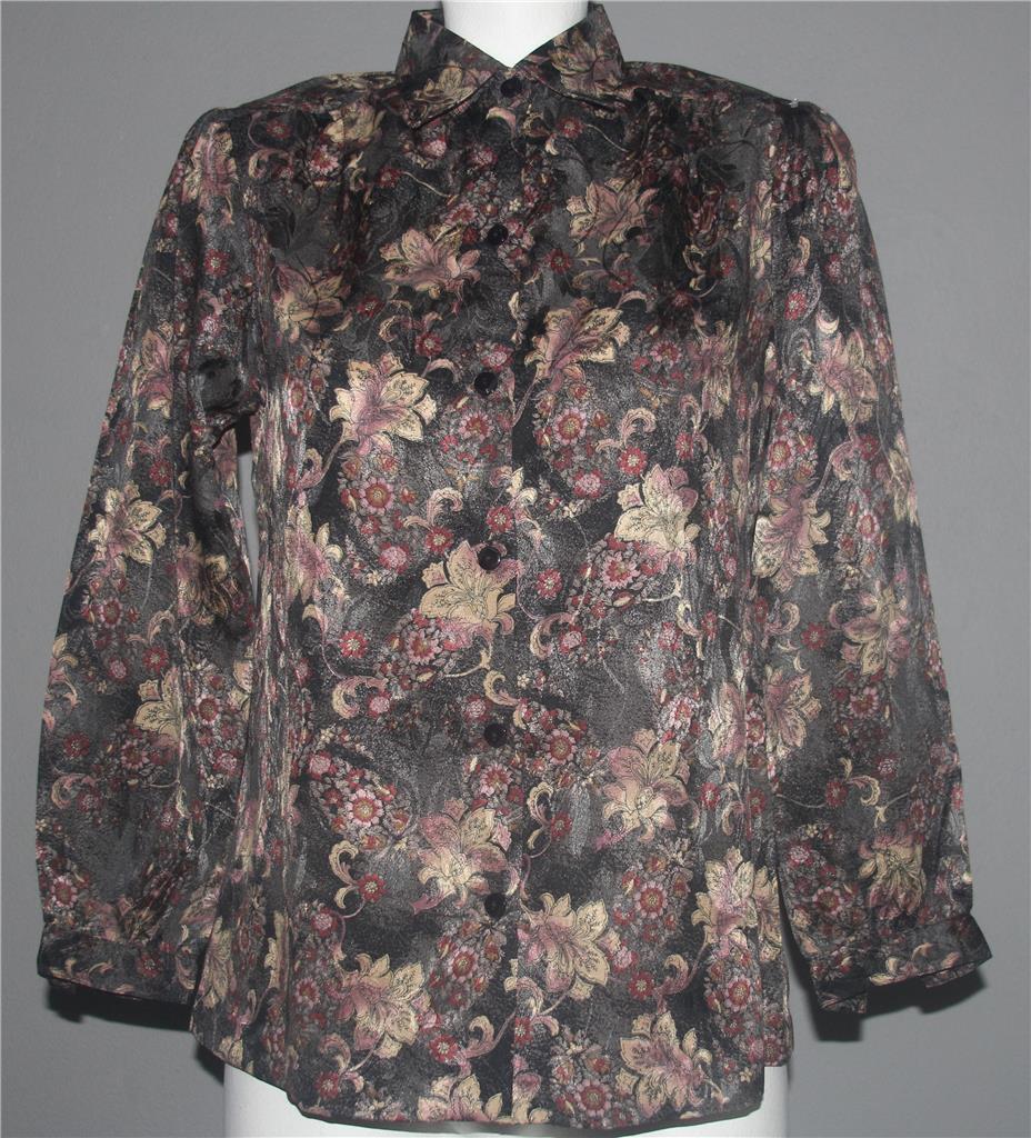 VTG TENA Shimmery Jacobean Floral Grey Garnet Beige Damask Button ...