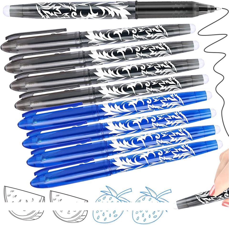 8 Erasable Pens Black Blue, Rub Out Pens Ink Eraser Pen with Rubber ...