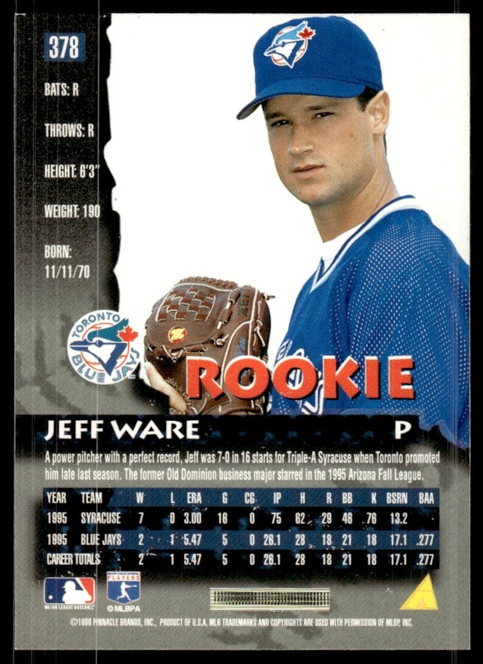 1996 Pinnacle Baseball Card Jeff Ware Toronto Blue Jays #378 | eBay
