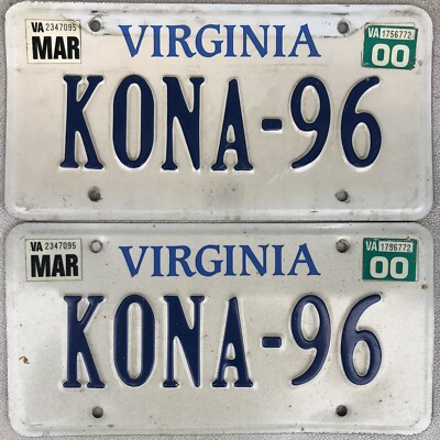 2000 VIRGINIA Vanity License Plates Matched Pair Set - (Hawaii) - KONA ...