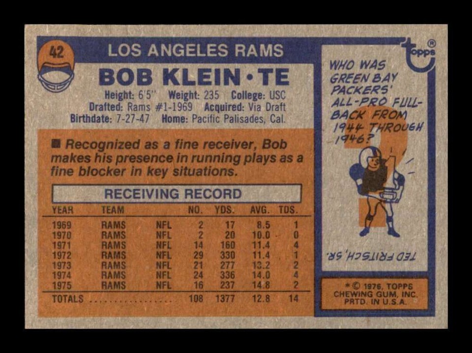 1976 Topps Bob Klein #42 Set Break Los Angeles Rams | eBay