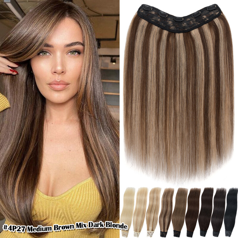 REAL Remy V-shaped Clip In 100% Human Hair Extensions One Piece 3/4 ...