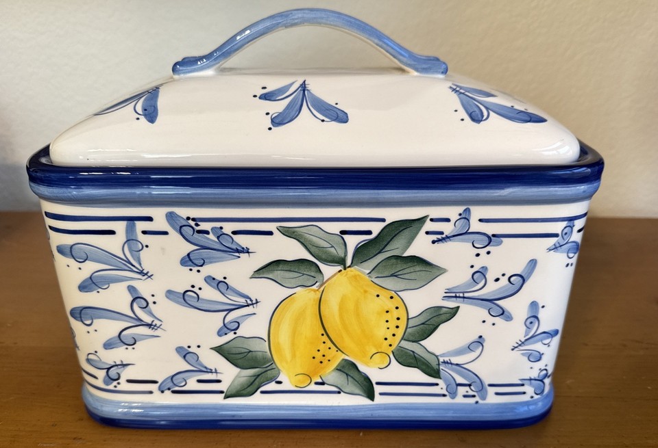 Seattle Inspirado Stonelite Blue And White Lemon Ceramic Bread Box 11 X ...