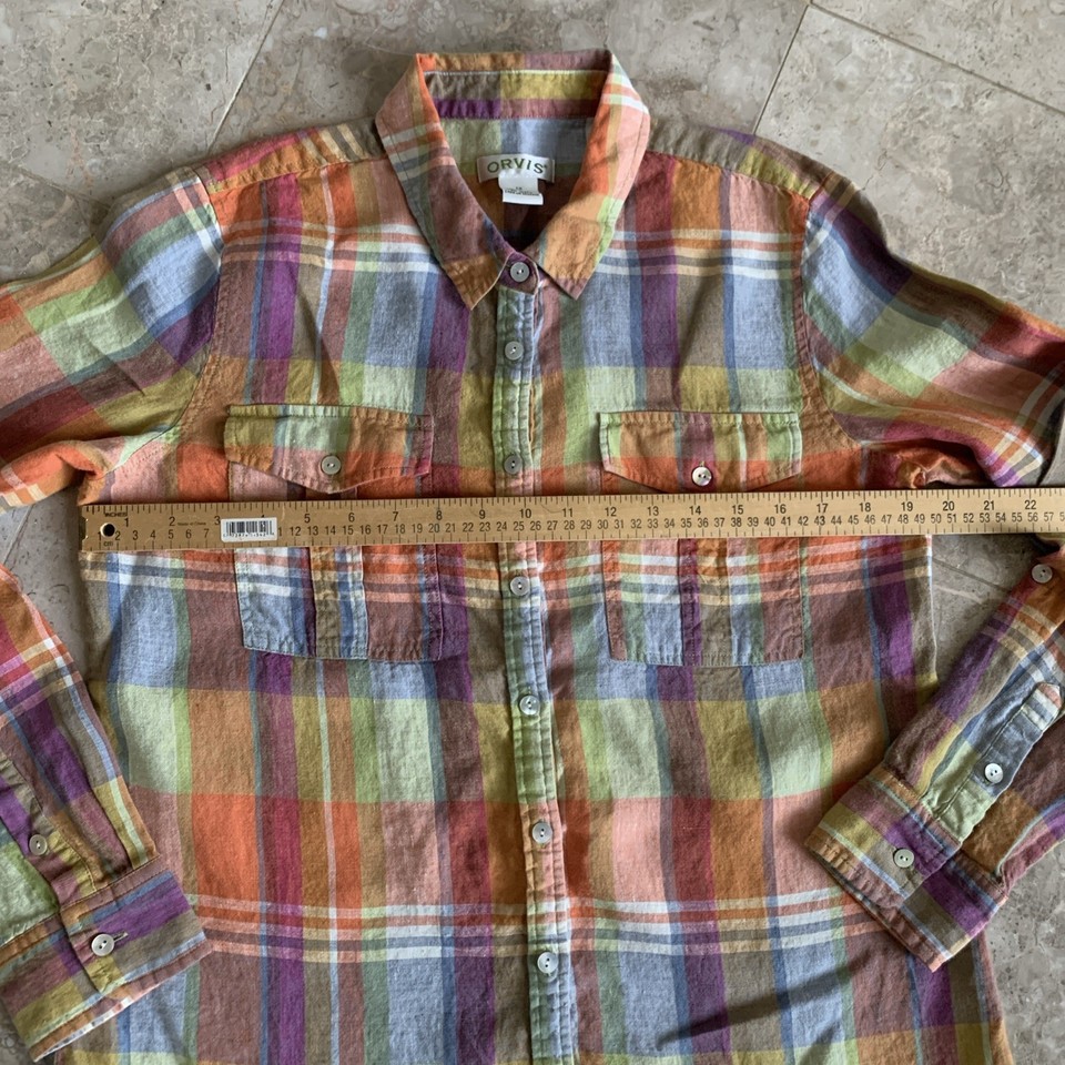 Women’s ORVIS Colorful Plaid Roll-Tab Shirt Top 100% Linen Size 12 Flap ...