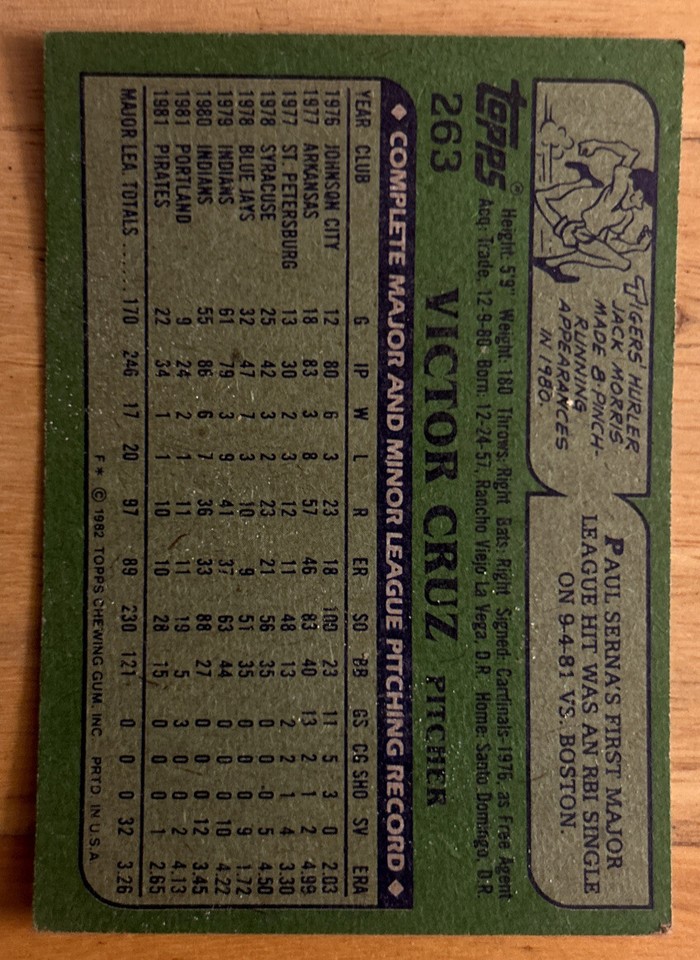 1982 Topps Victor Cruz Baseball Card #263 Pirates Pitcher Low-Grade ...