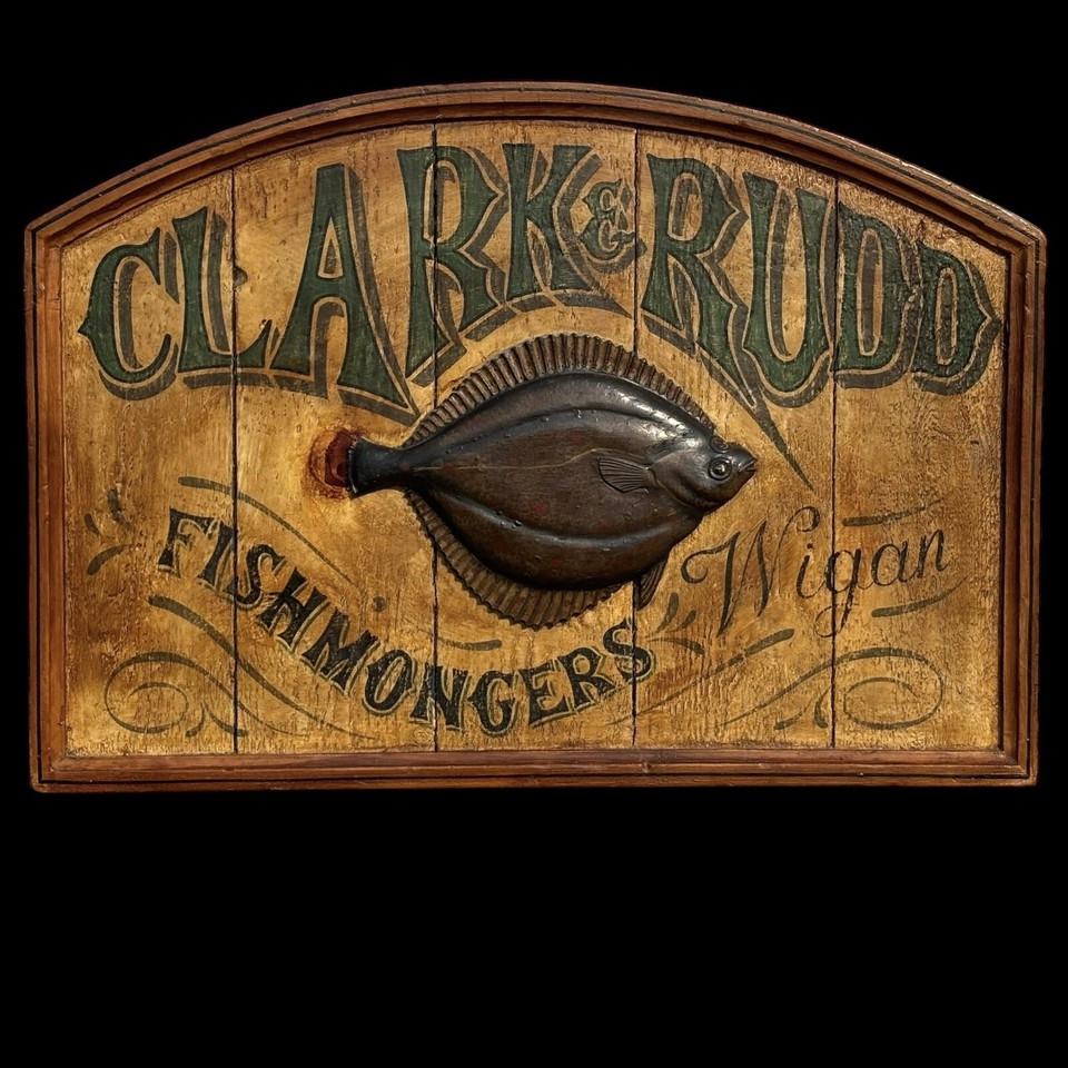 Vintage Fishmonger Trade Sign Seafood Restaurant Clark Rudd Wigan ...