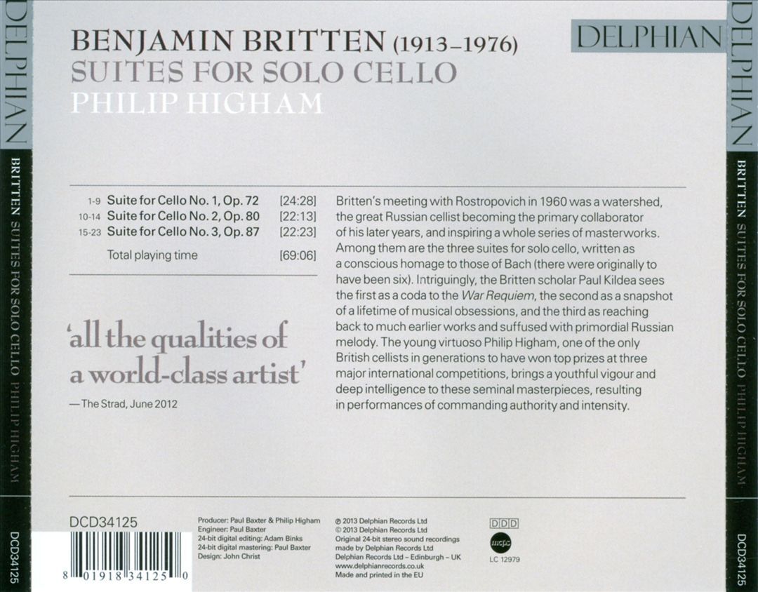 PHILIP HIGHAM BRITTEN: SUITES FOR SOLO CELLO NEW CD 801918341250| eBay