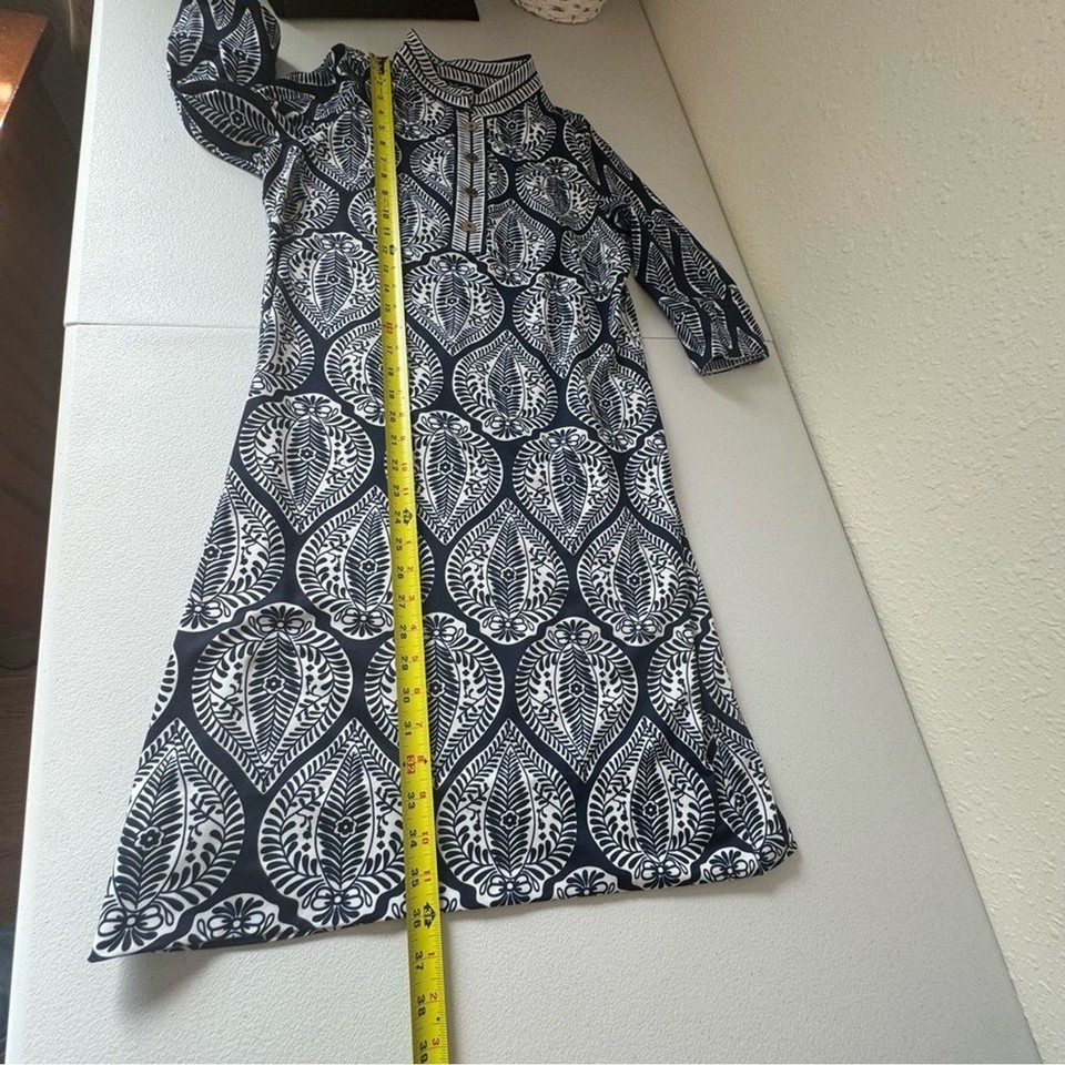 Gretchen Scott Jersey Mandarin Dress Navy and White Leaf Pattern Dress ...