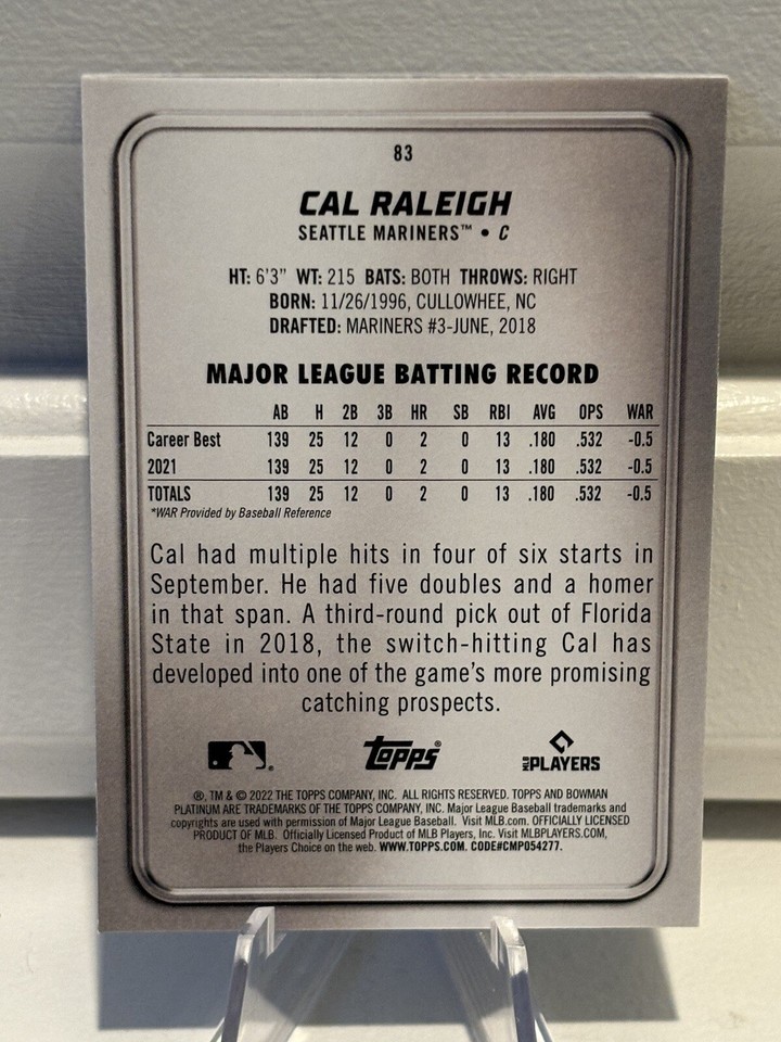CAL RALIEGH-2022 Bowman/Platinum-"True"-Rookie Card #83-Mariners | eBay