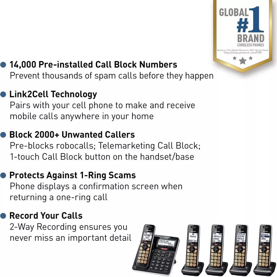 Panasonic Cordless Phone System Answering Machine 5 Handset Bluetooth ...