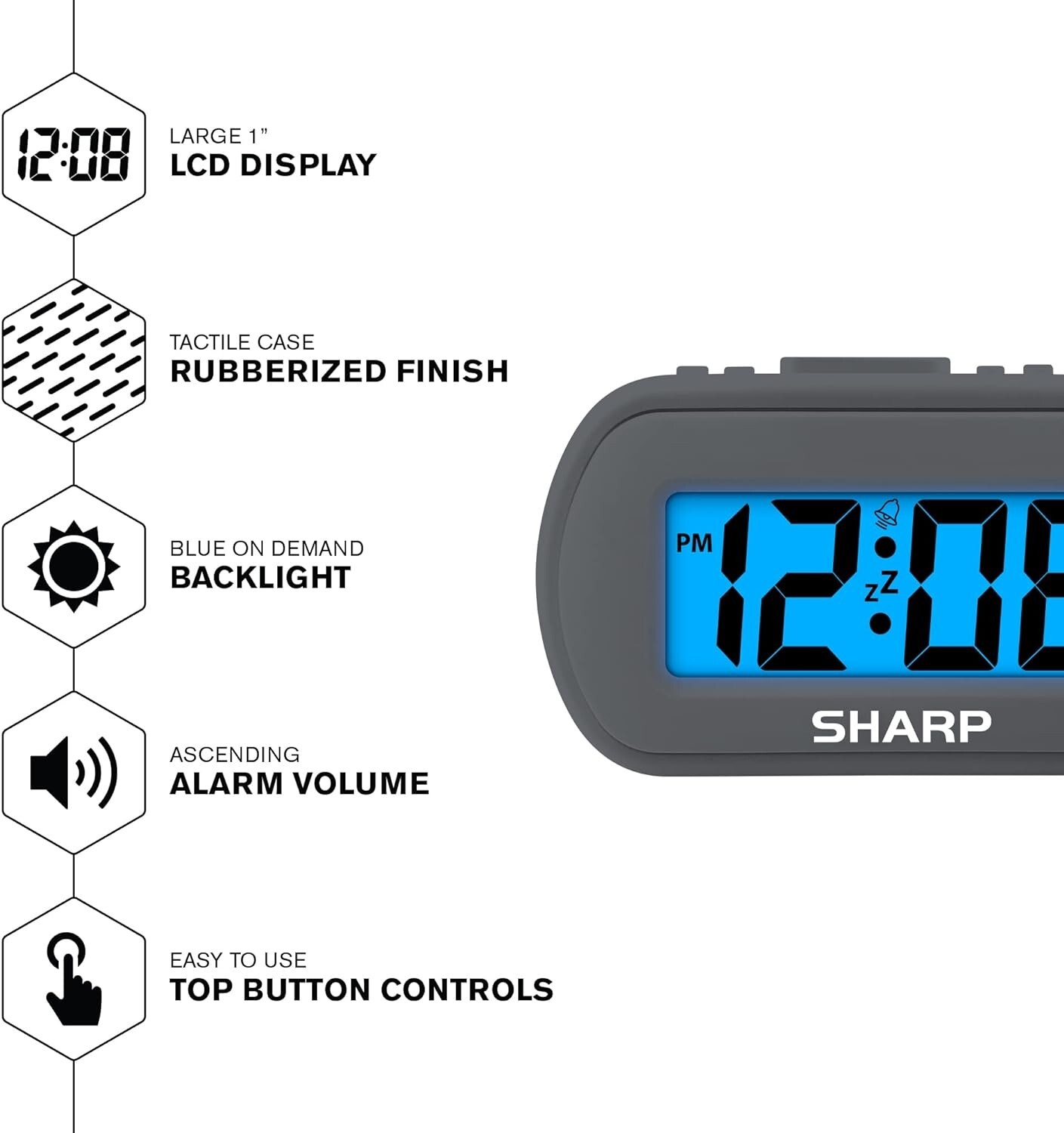 Tactile Digital Alarm Clock - Soft Rubberized Finish - Battery Operated ...
