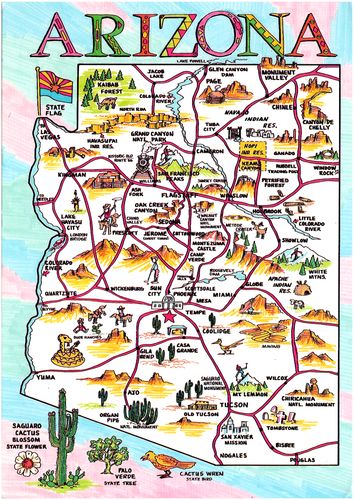 State Map of Arizona Cartoon Landmarks AZ Chrome Postcard 4x6" | eBay