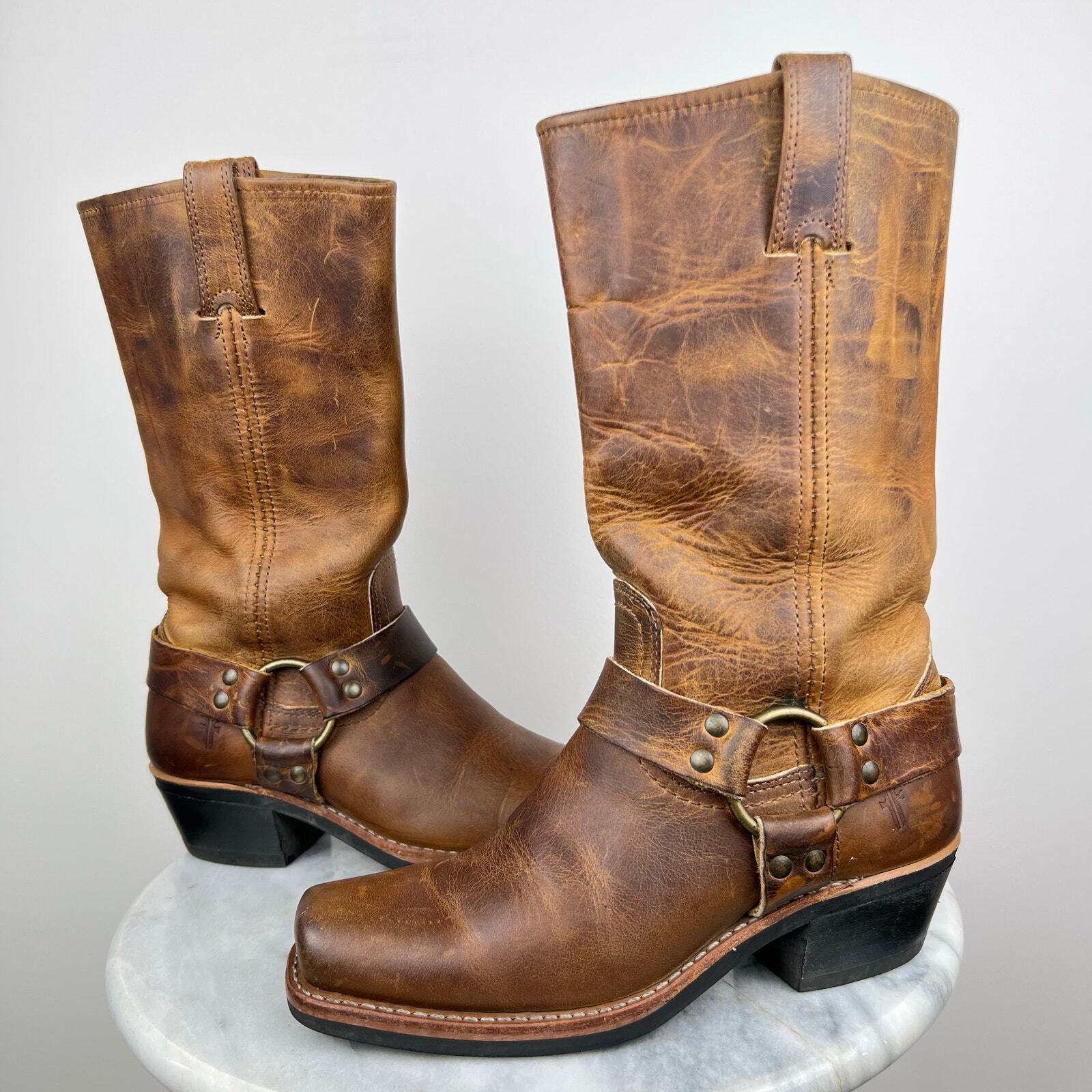 Frye Harness Boots Brown Leather Moto Mid-Calf Square… - Gem
