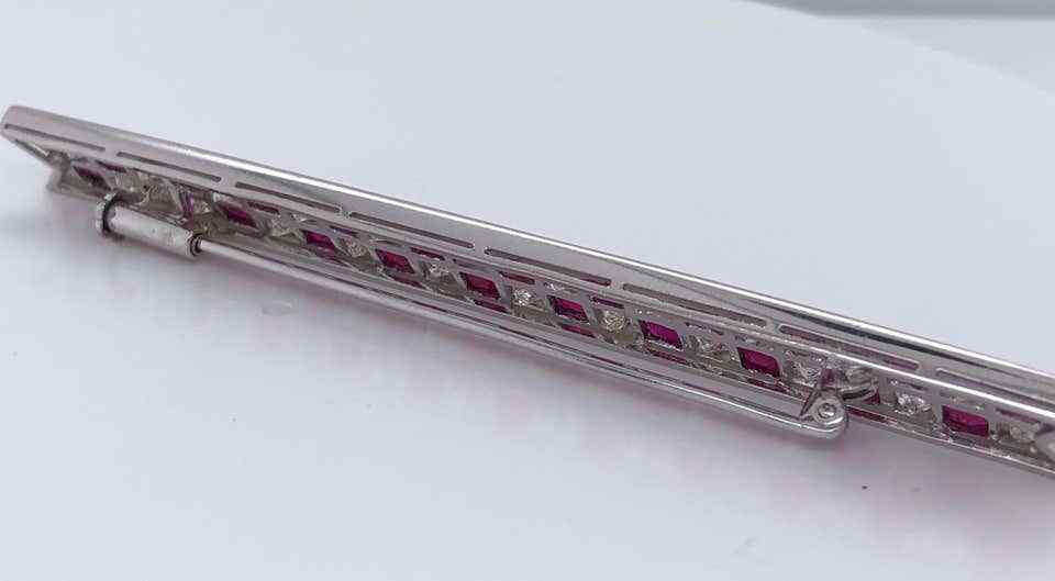 Art Deco Princess Cut Red Ruby & Round White CZ 2.30 CT Brooch Pin In ...