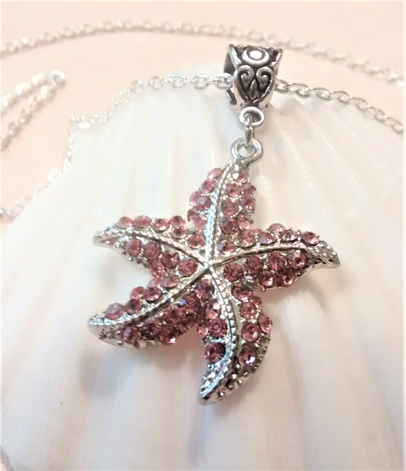 Pink Rhinestone Starfish Necklace, Silver & Pink Starfish Pendant ...
