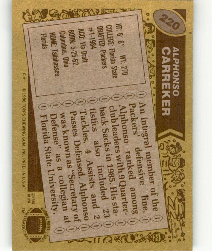 1986 TOPPS^ ALPHONSO CARREKER. GREEN BAY PACKERS #220 | eBay