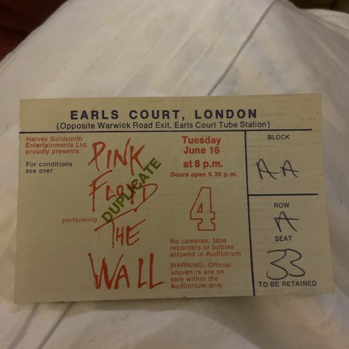 Pink Floyd ticket Earls Court The Wall 16 june 1980 rare duplicate ...