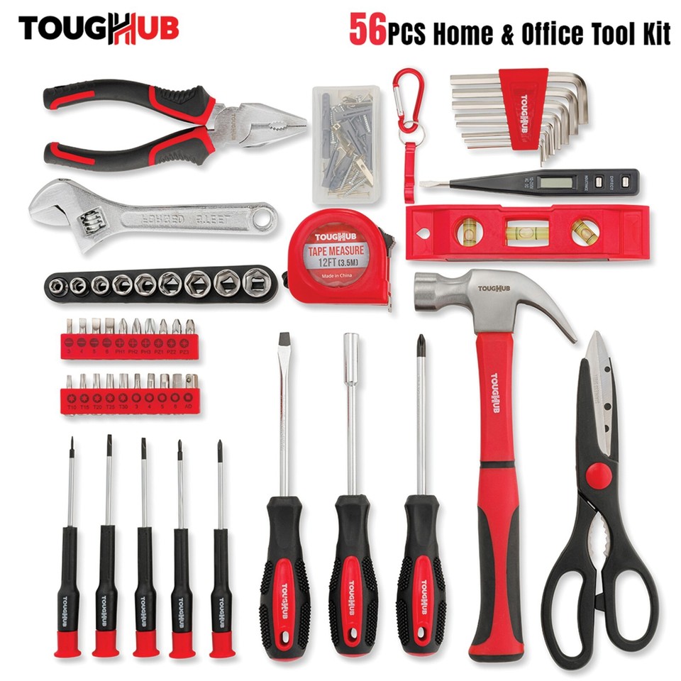 56 Pcs Red Tool Kit For Home Repair Tool Set With Hammer, Screwdriver ...