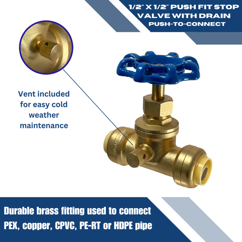 2 Pack XFITTING 1/2" Push Fit Gate Valve with Drain and Vent, 2-5-1=2 ...
