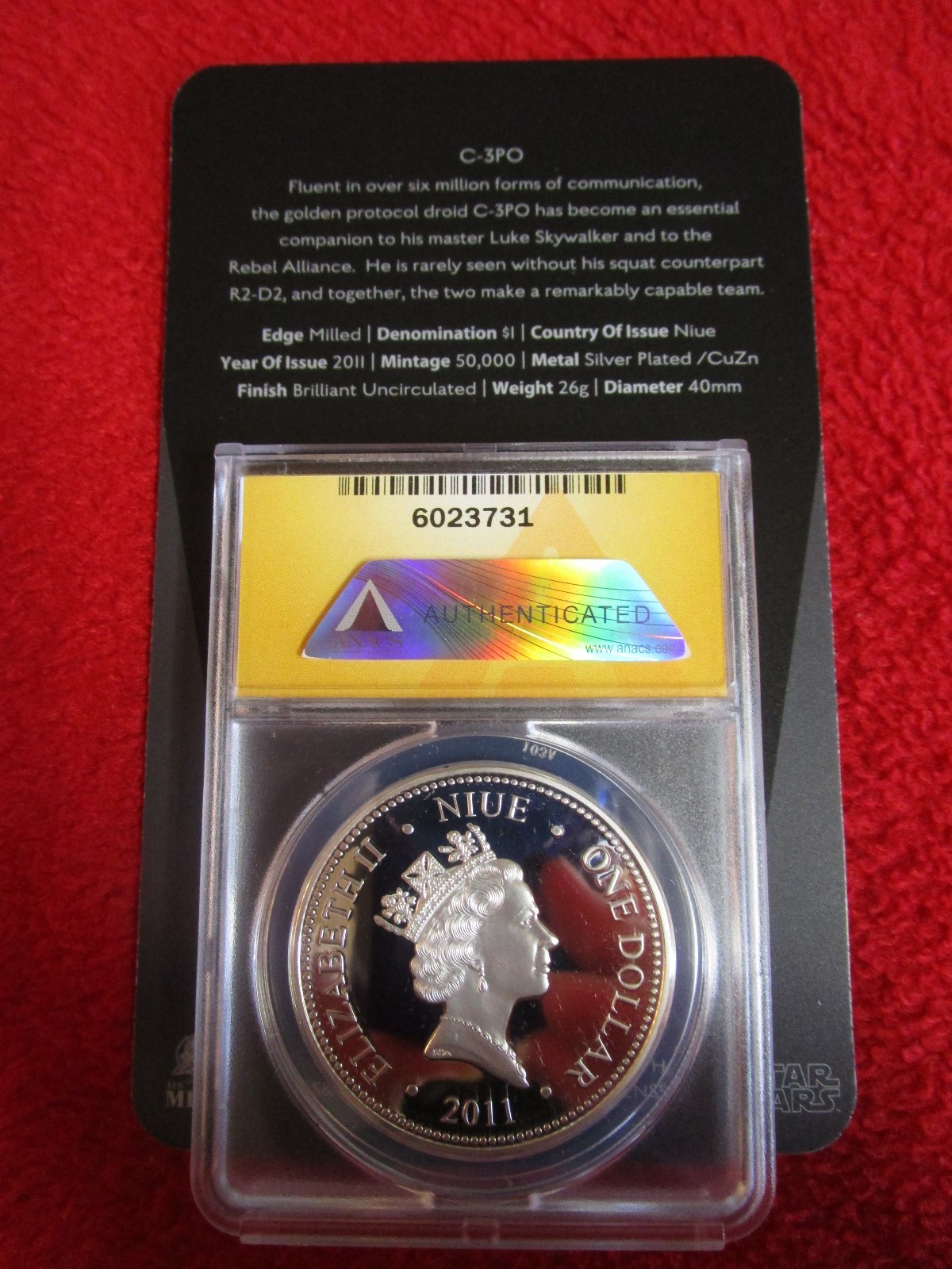 2011 Niue $1 Silver Plate Star Wars C-3P0 ANACS PF69 Disney lucas ngc w ...