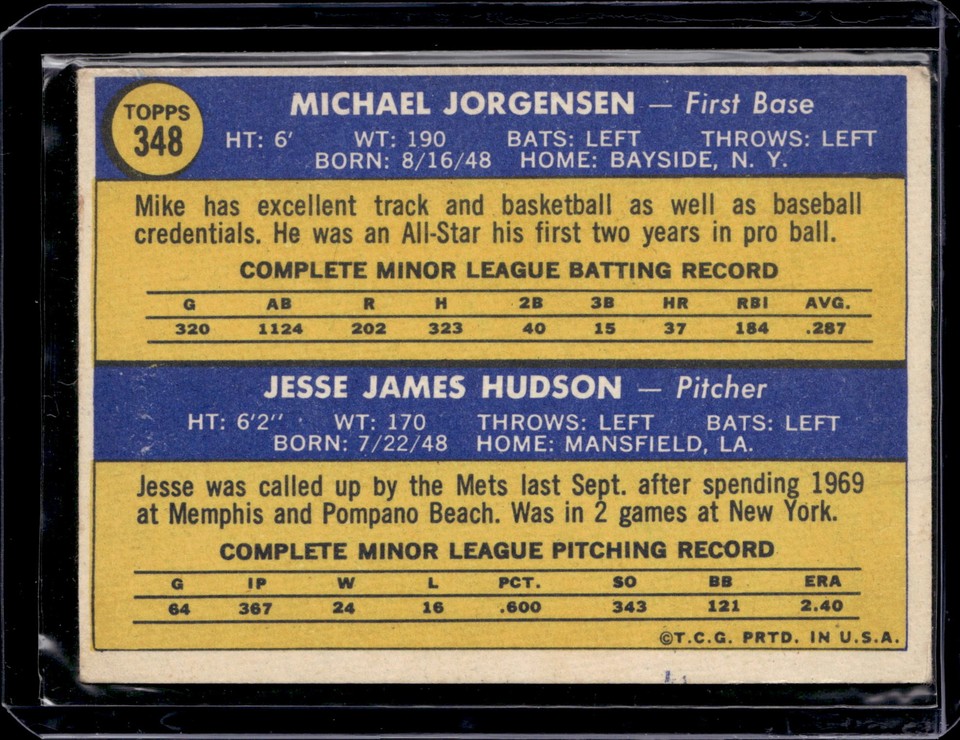 Mets Rookie Stars Mike Jorgensen / Jesse Hudson 1970 Topps #348 New ...