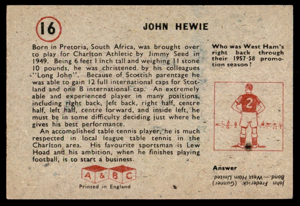 A&BC Football 1958 with Planet (B2) John Hewie Charlton Athletic No.16 ...