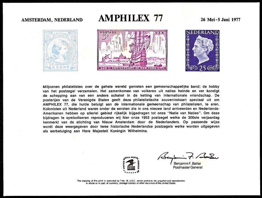 USA 1977 AMPHILEX'77, Amsterdam, USPS Souvenir Card # PS-25 (SC56) Mint ...