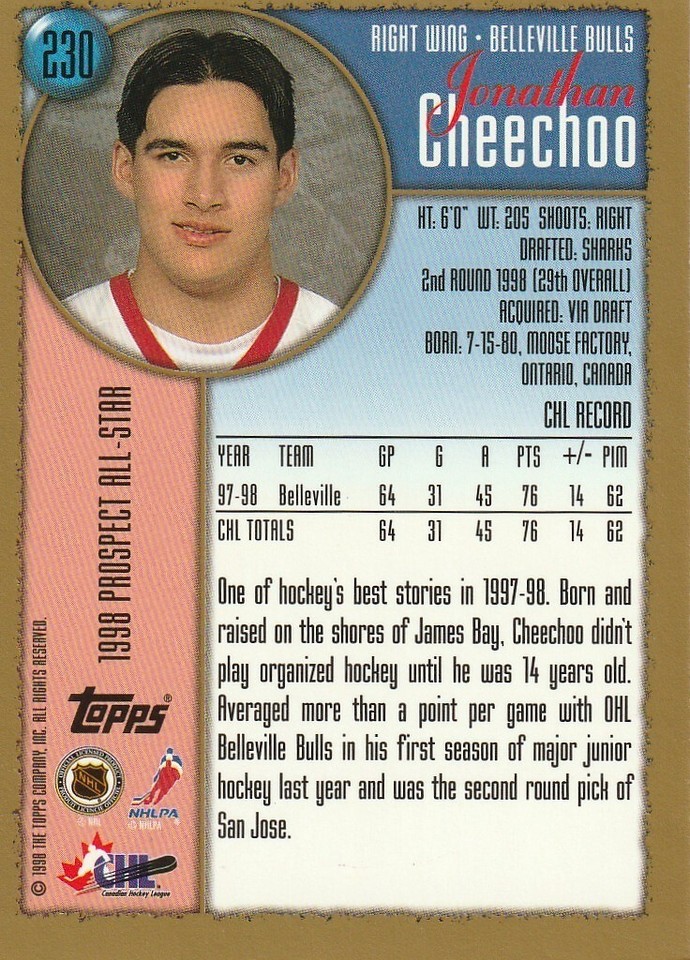 JONATHAN CHEECHOO 1998-99 TOPPS HOCKEY RC ROOKIE # 230 | eBay