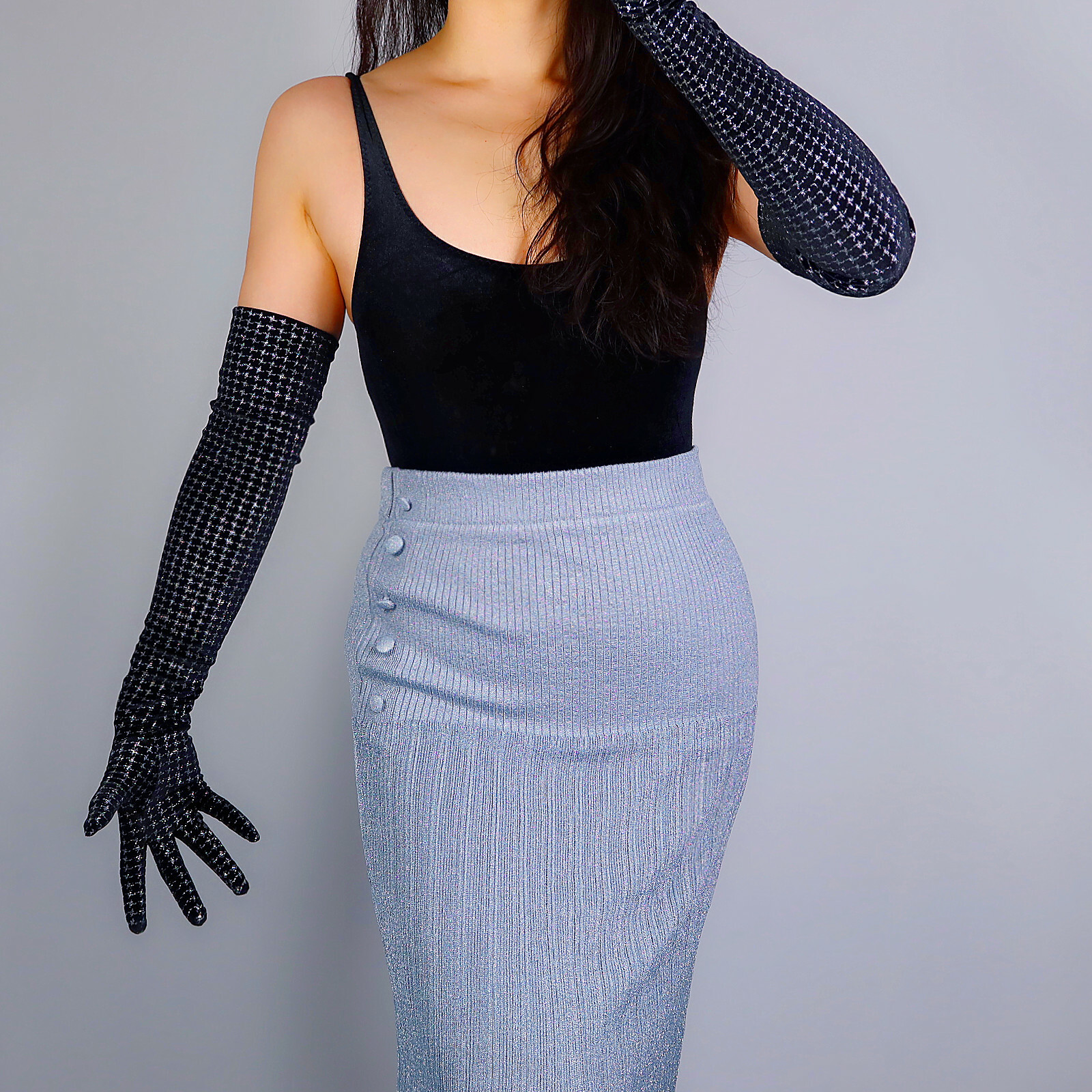 VELVET GLOVES 40cm 16" Long Stretchy Black Silver Chips Sparkle ...