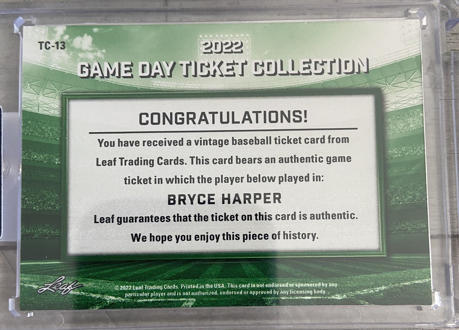 2022 Leaf Game Day Ticket Collection, Bryce Harper. Authentic Fenway ...