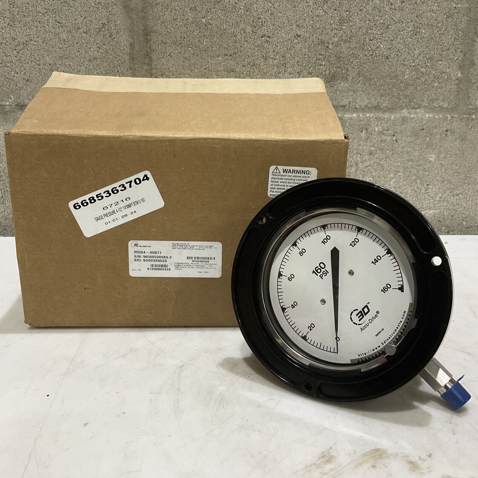 3D INSTRUMENTS 25504-45B71 PRESSURE GAUGE 4-1/2” 1/4” NPT 0-160 PSI 373 ...