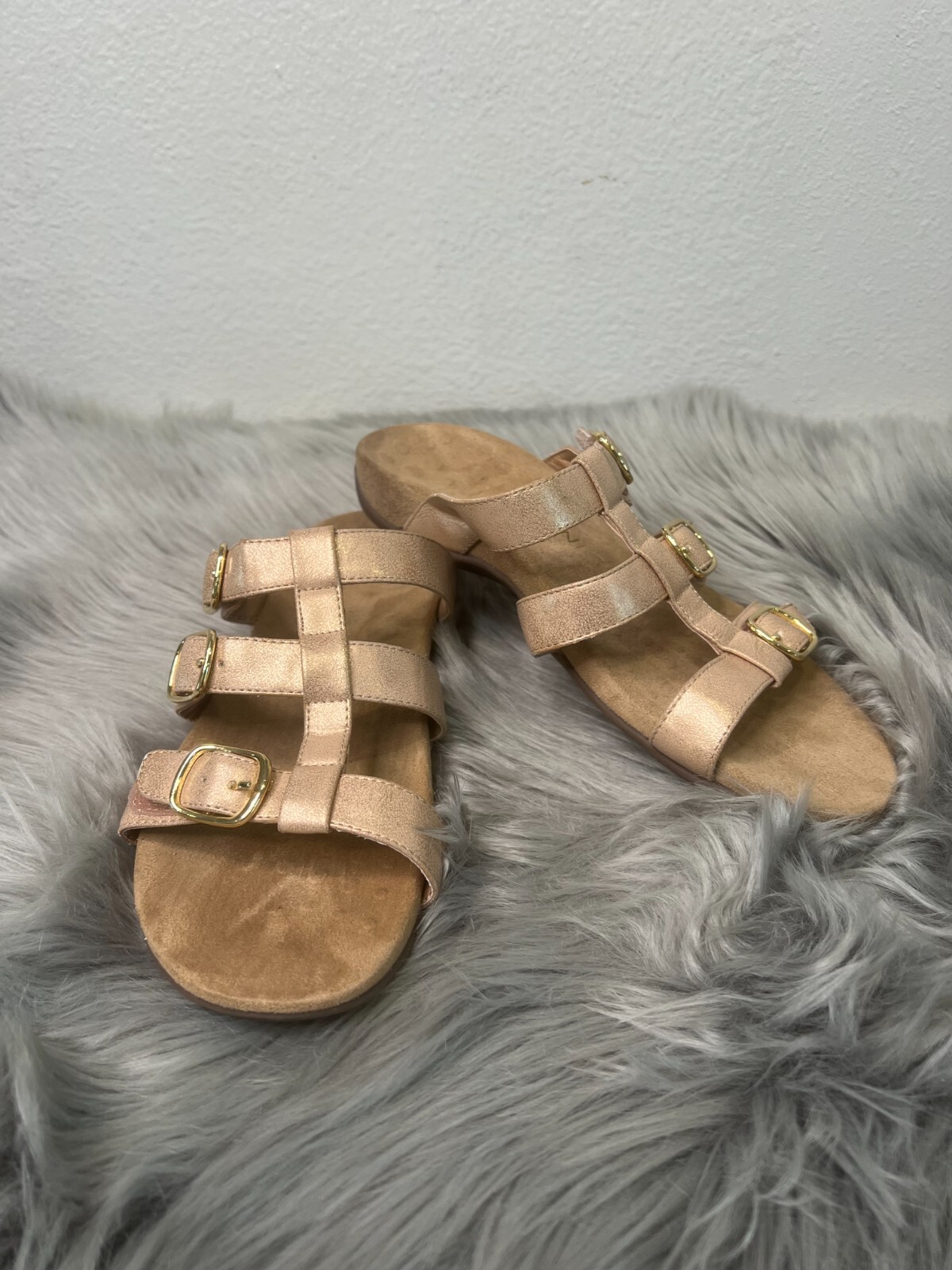 Vionic MISA Adjustable Slide Sandals Strappy Rose Gold Metallic Women’s ...