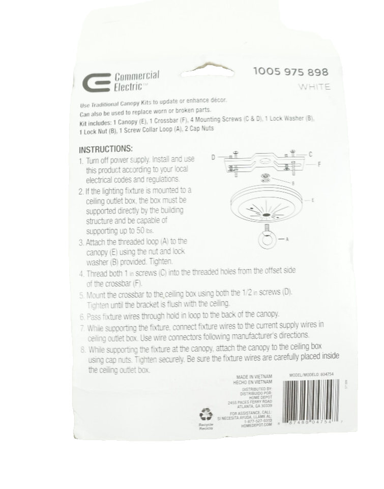 Commercial Electric 5" White Traditional Canopy Kit for Ceiling Light ...