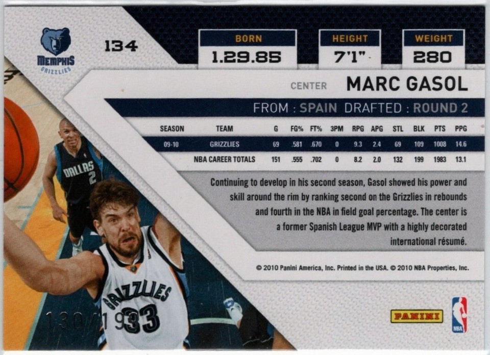 2010-11 Panini Threads Century Proof Silver Marc Gasol Card #134 /199 ...