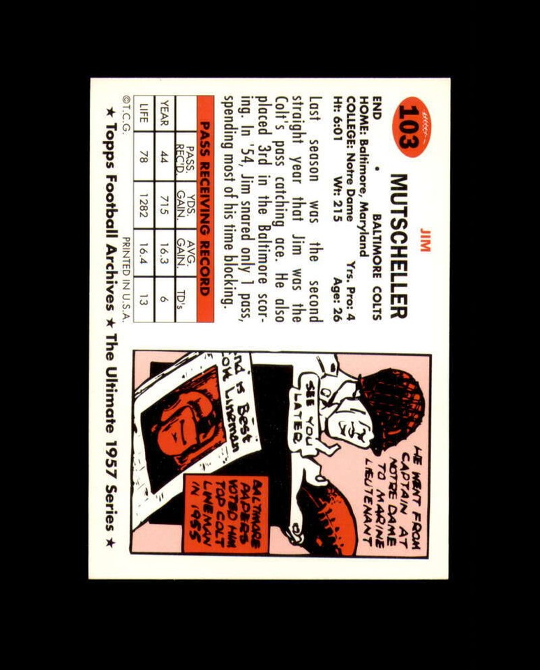 Jim Mutscheller Signed 1994 Topps Archives 57 Baltimore Colts Autograph ...