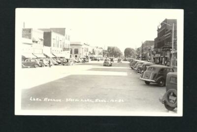 Storm Lake Iowa IA 1936 RPPC Lake Ave, Dress Shop, Drugs, Cafe, Macs ...