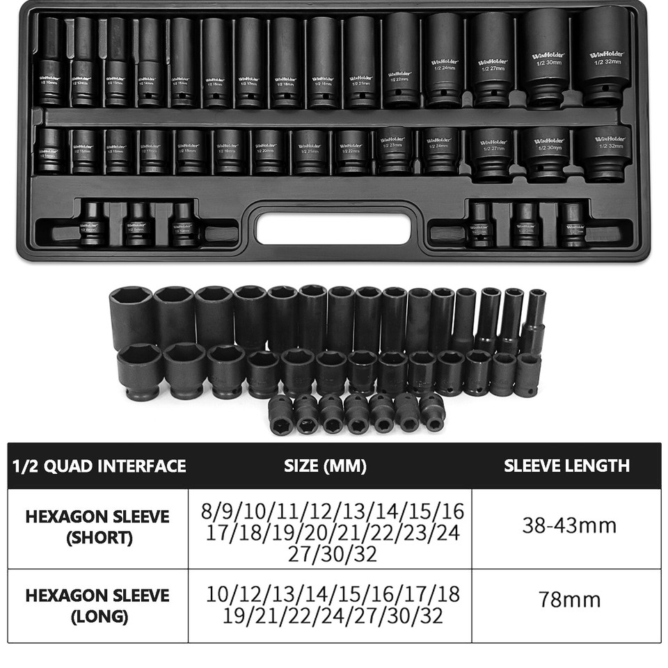 35pcs DEEP IMPACT Socket Set 1/2" Inch Drive Long Reach Impact Sockets ...