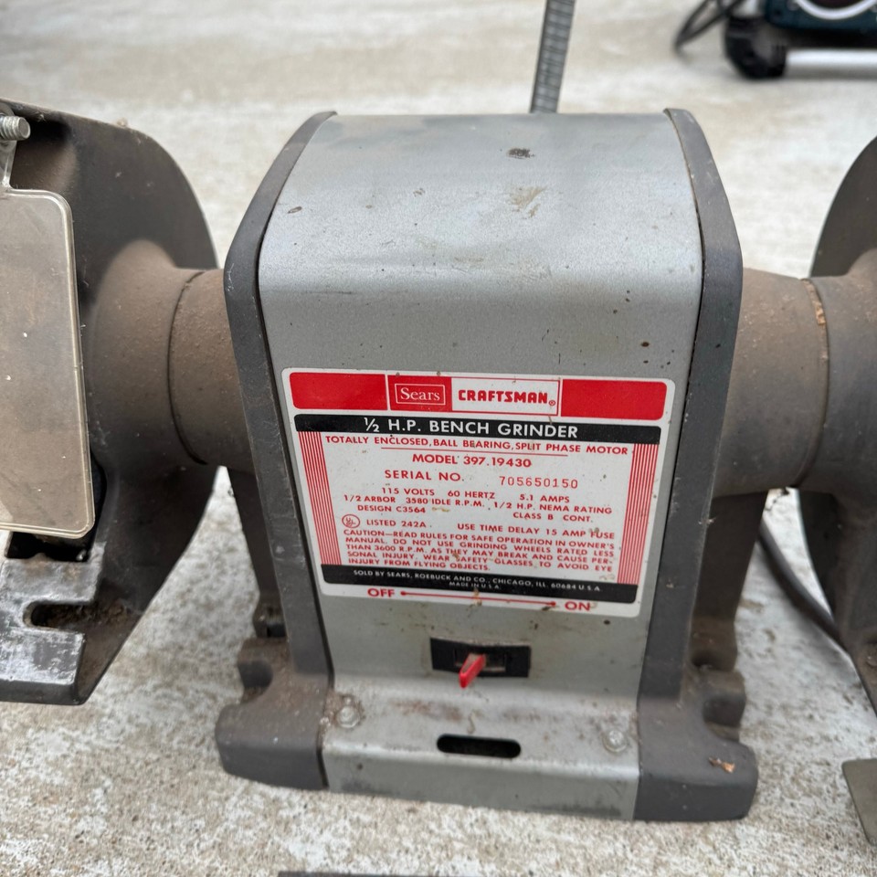 Vintage Craftsman 1/2 HP Block Bench Grinder Model 397. 19430 w/ Light ...