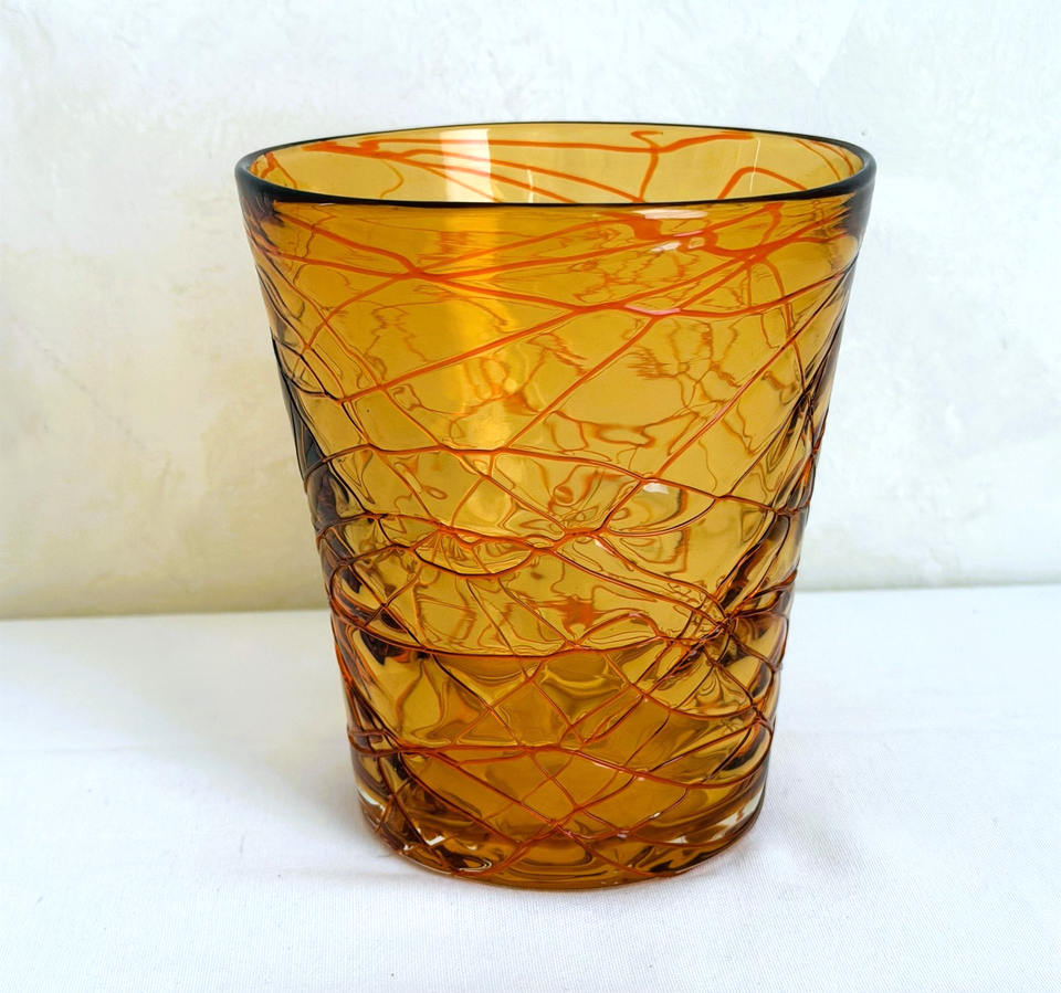 Vintage Murano Style Hand Blown Italian Amber Threaded Art Glass Ice ...