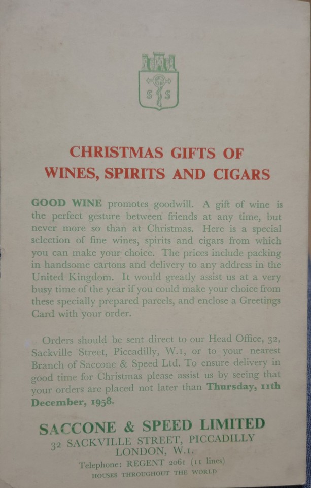 Saccone & Speed Ltd Wines, Spirits and Cigars Christmas 1958 Gifts ...