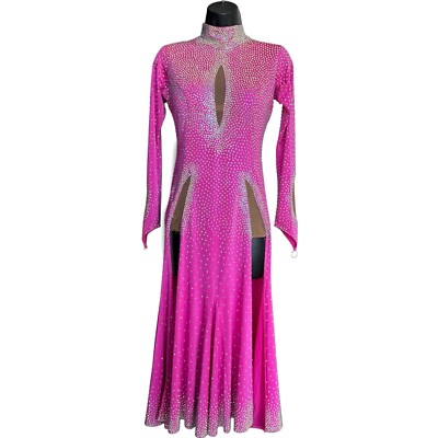 Pink Latin Dance Dress With Mock Neck And High Slits- Size Medium 6/8 ...