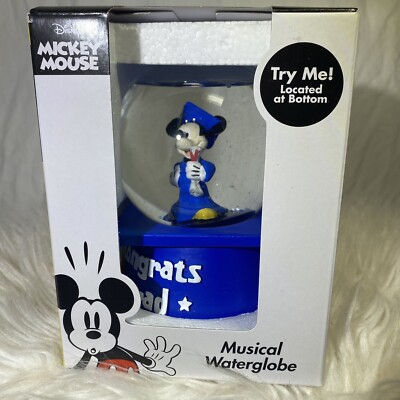 DISNEY MICKEY MOUSE Musical Wind Me Up Water Globe "Congrats Grad" NEW ...