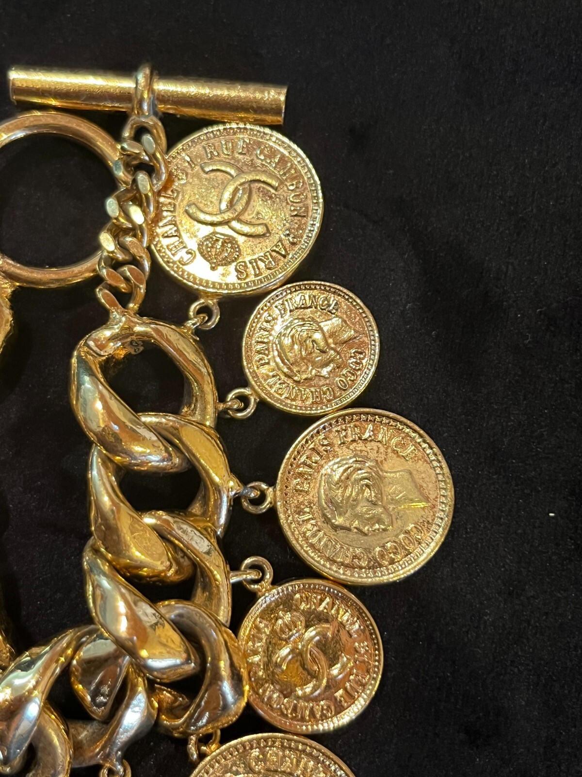 CHANEL Bracelet Bangle AUTH Coco Mark chain Vintage RARE GOLD COIN ...