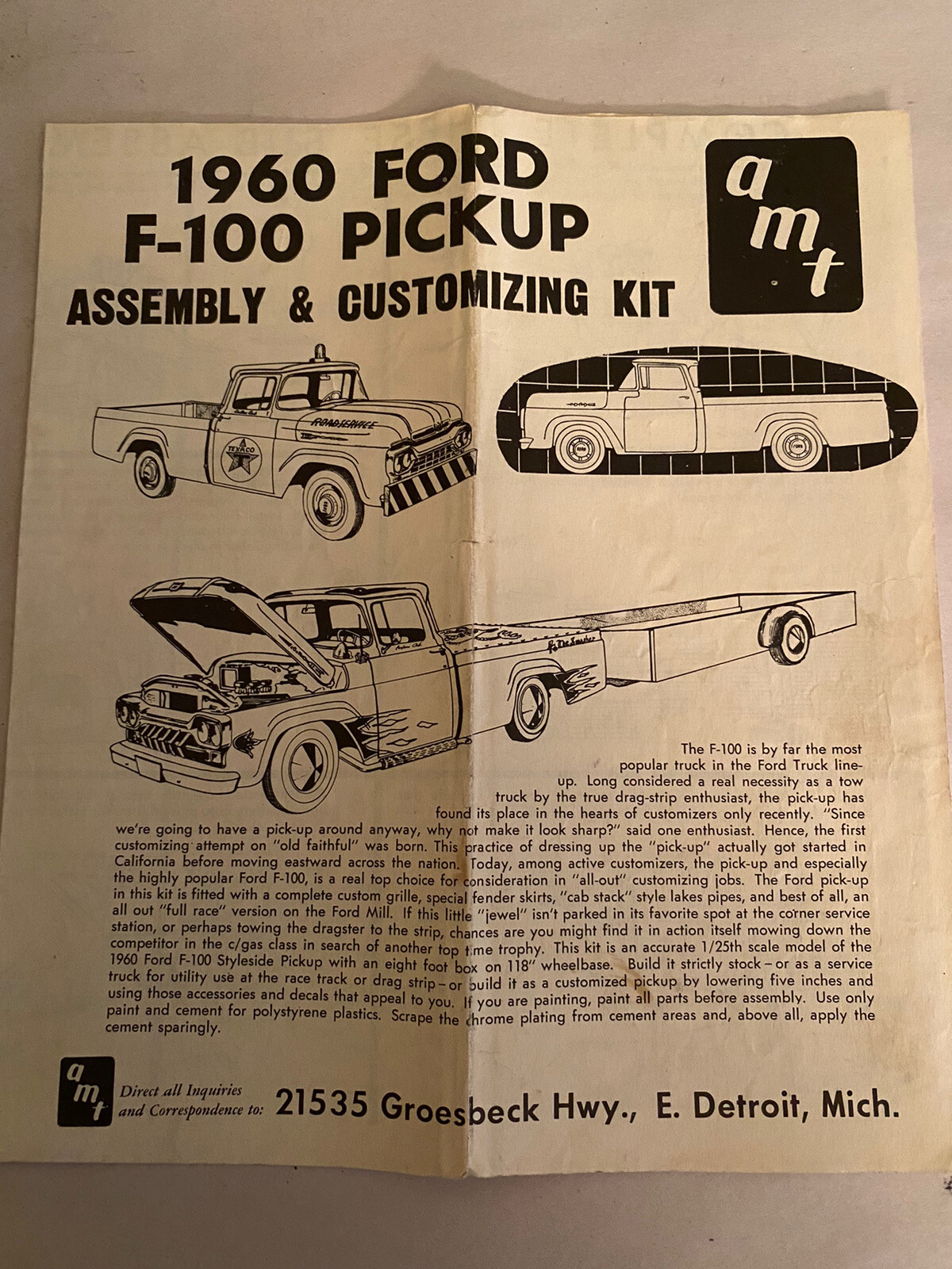Vintage Annual AMT 1960 Ford F100 Pick Up Model Kit Instructions Sheet ...