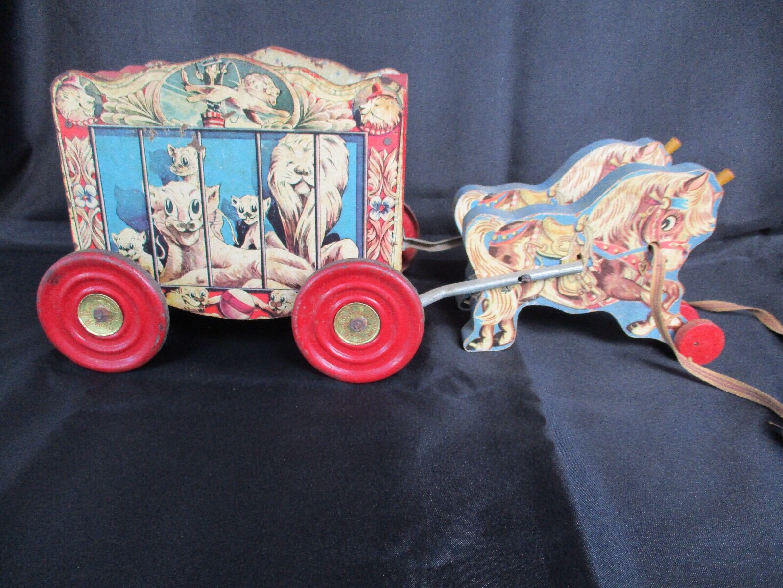 Vintage 1957 Gong Bell Wood Horses & Circus Wagon Pull Toy w/ Metal ...