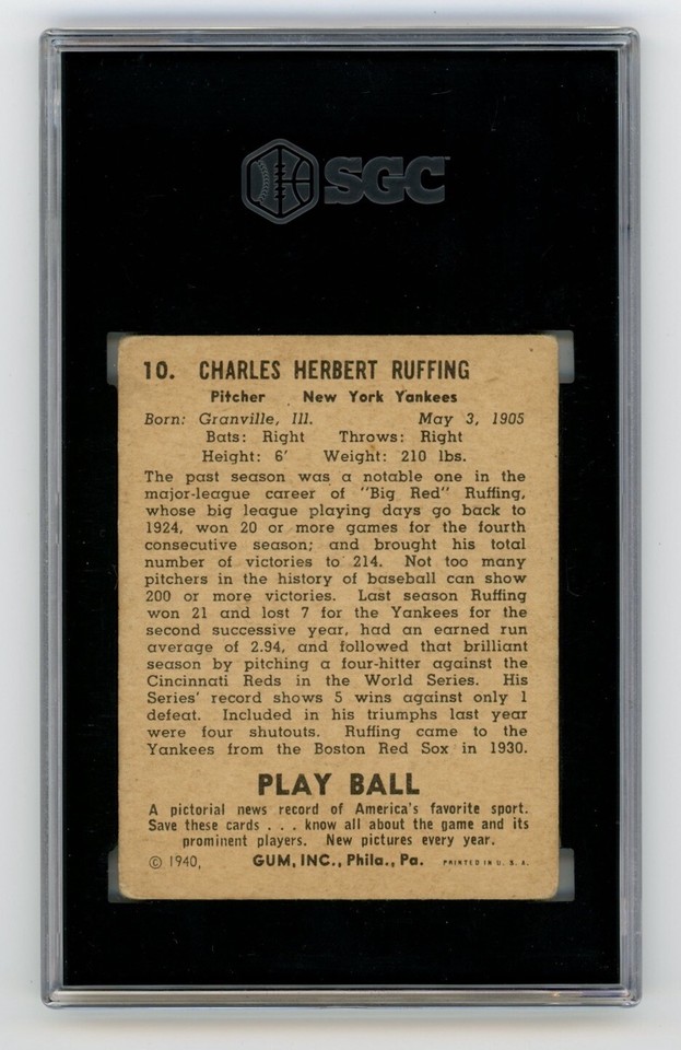 1940 Play Ball Charles Red Ruffing #10 SGC 3 HOF | eBay