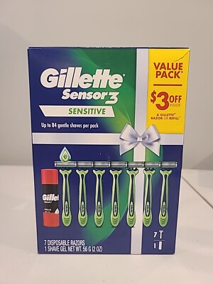 GILLETTE Sensor 3 Sensitive Gift Pack 7 Disposable 3-Blade Razors ...