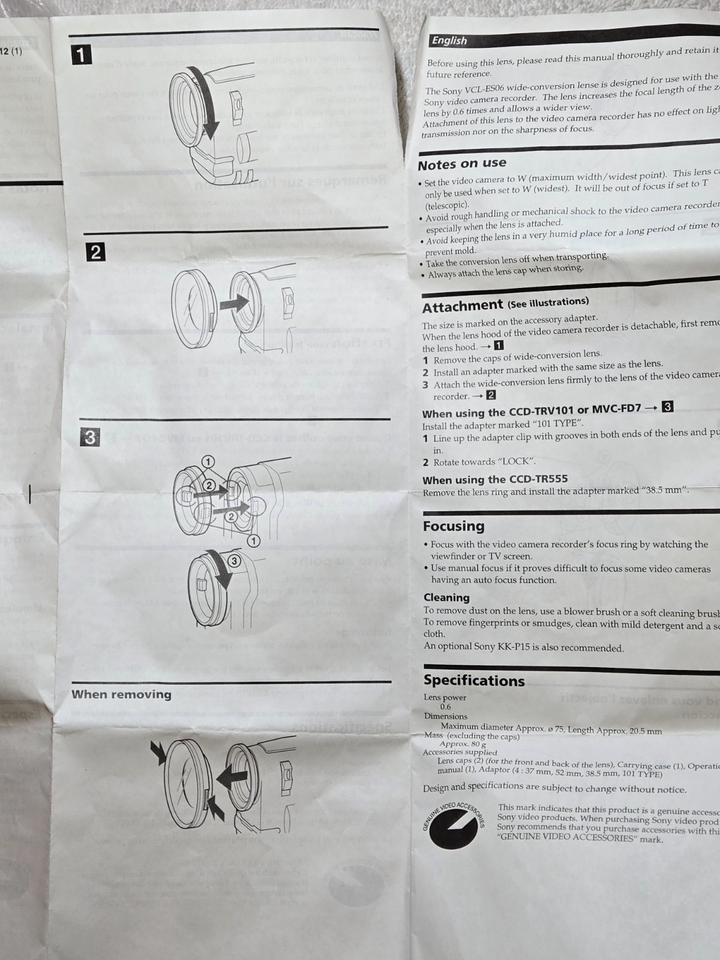 Sony VCL-ES06 x0.6 One Touch Wide Conversion Lens Kit Manual Storage ...