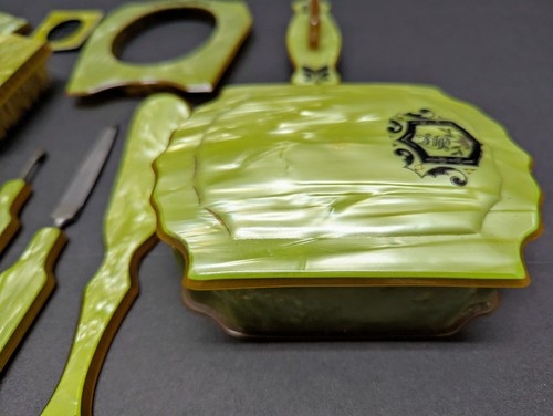 Antique Vintage Bakelite Celluloid Green Art Deco Vanity Dresser Set 10 ...